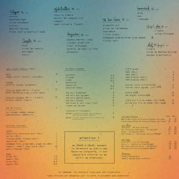 Cartes & Menus | Restaurant Créatures | Terrasse des Galeries Lafayette